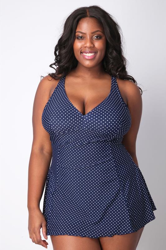 Navy Polka Dot Skirted Swimsuit With Tummy Control Plus Size 16 18 20