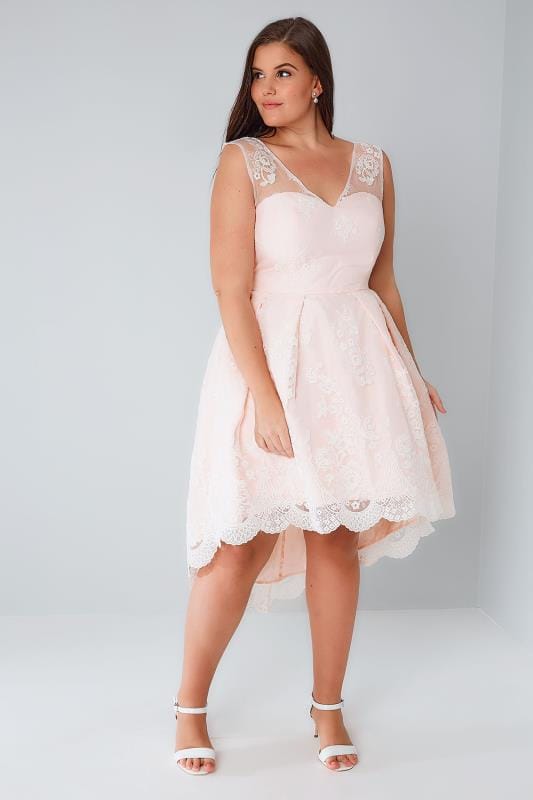 Chi Chi Nude Pink Floral Lace Overlay Dress With Dipped Hem Plus Size