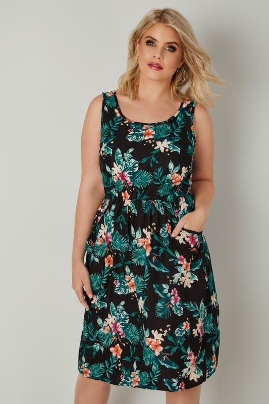 Green And Black Floral Print Pocket Dress With Elasticated Waist Plus