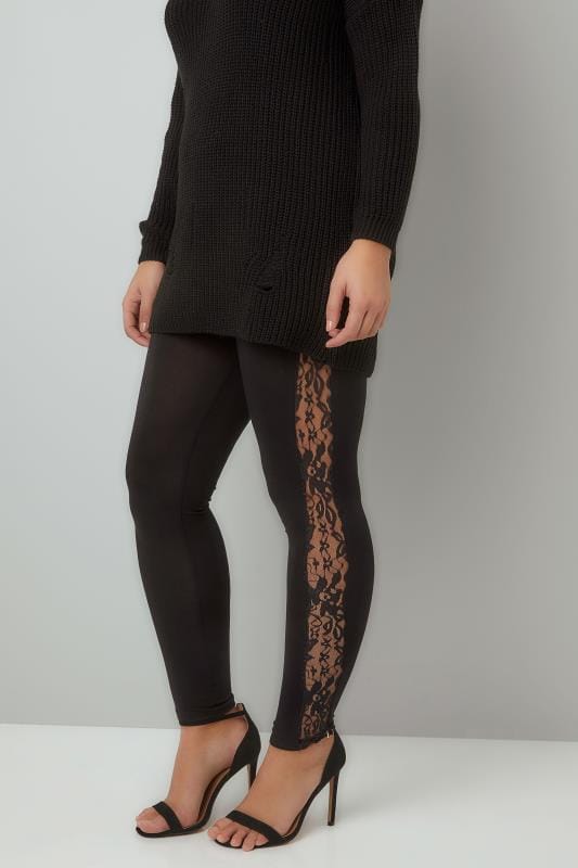 Black Leggings With Floral Lace Insert Plus Size 16 To 36