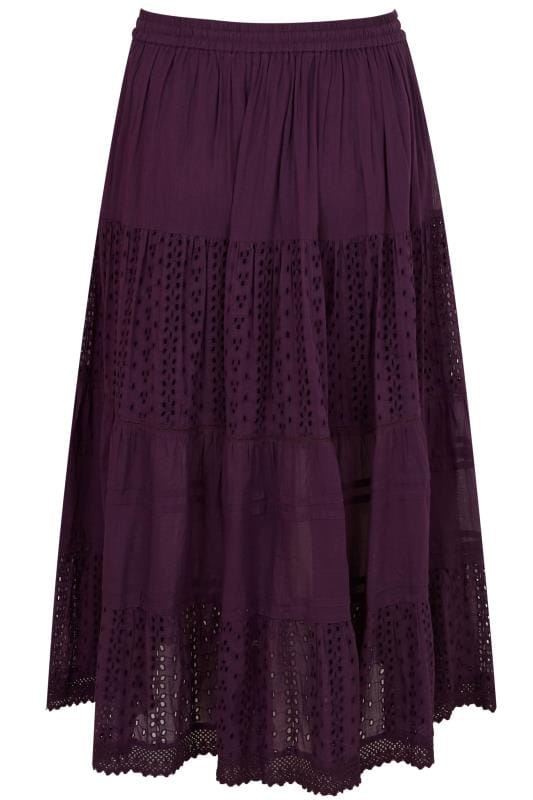Purple Tiered Broderie Maxi Skirt Plus Size 16 To 36