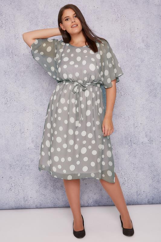Scarlett And Jo Grey Polka Dot Chiffon Midi Dress With Angel Sleeves Plus