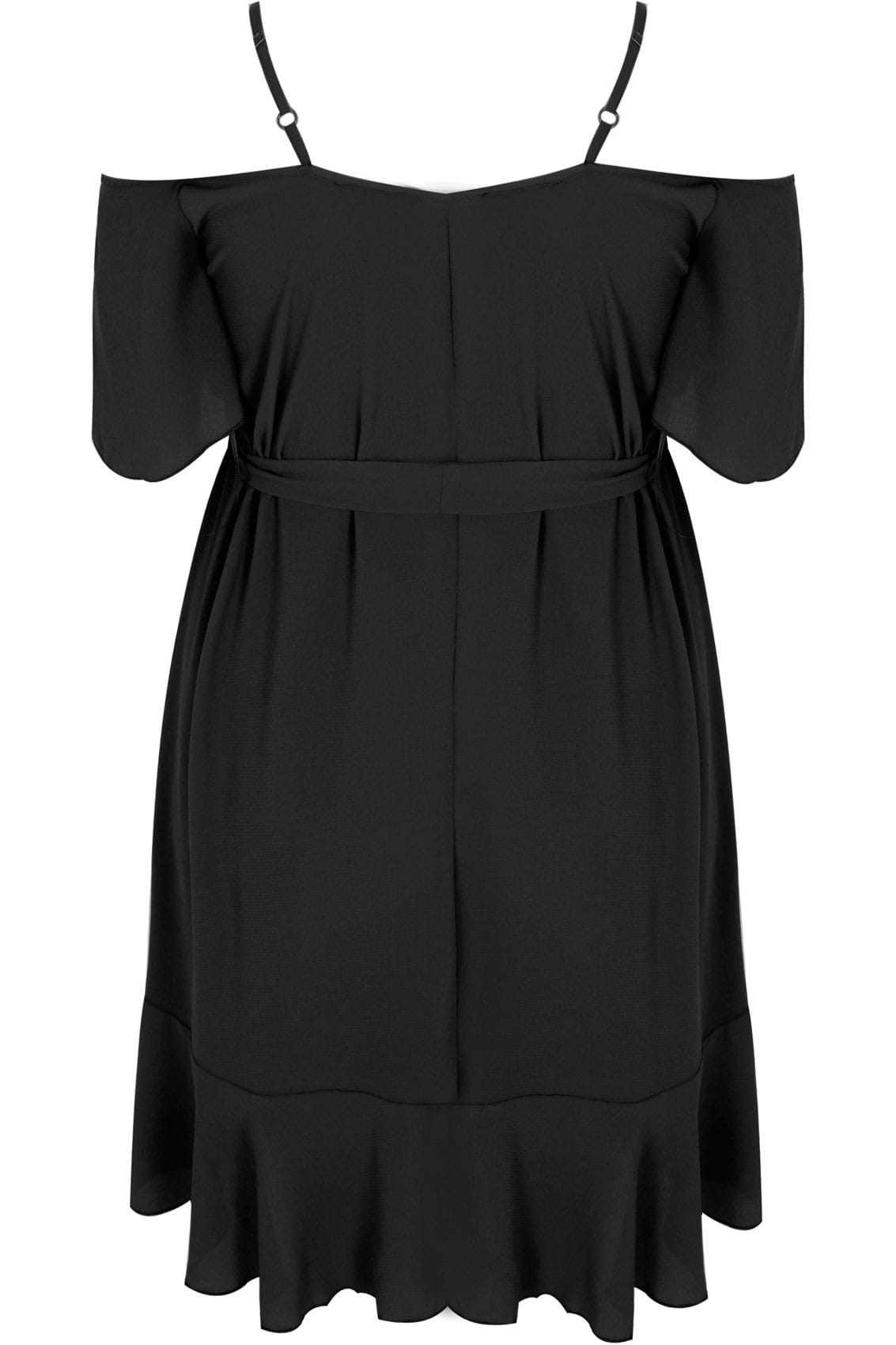 Black Cold Shoulder Swing Dress With Frill Hem Plus Size 16 To 36