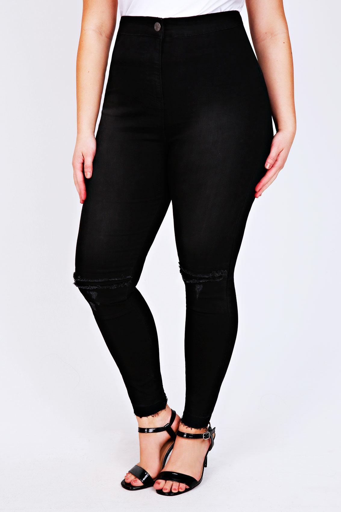 Black High Waisted Denim Skinny Jeans With Ripped Knees Plus Size 14 to 28 Black High Waisted Denim Skinny Jeans With Ripped Knees Plus Size 14 to 28