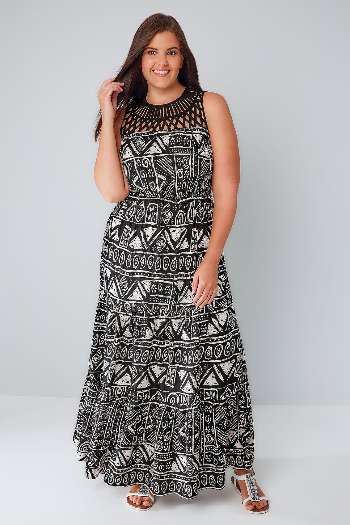 Black And White Aztec Print Maxi Dress With Cut Out Yoke Plus Size 16 To 36