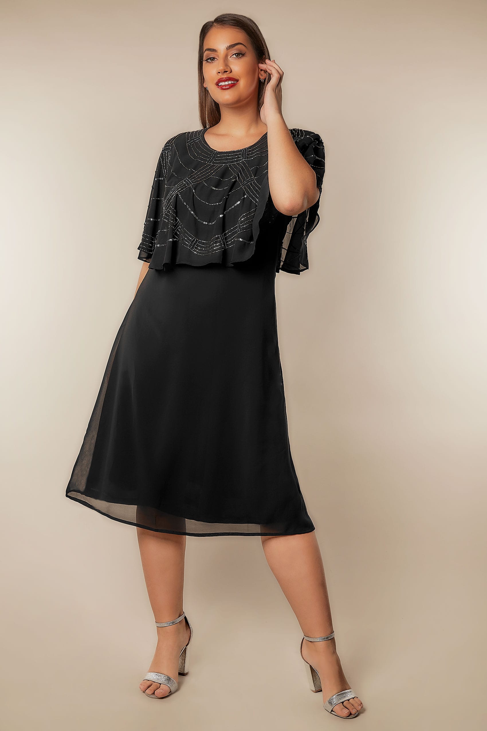 YOURS LONDON Black Sequin Embellished Cape Midi Dress, Plus size 16 to 32 YOURS LONDON Black Sequin Embellished Cape Midi Dress, Plus size 16 to 32
