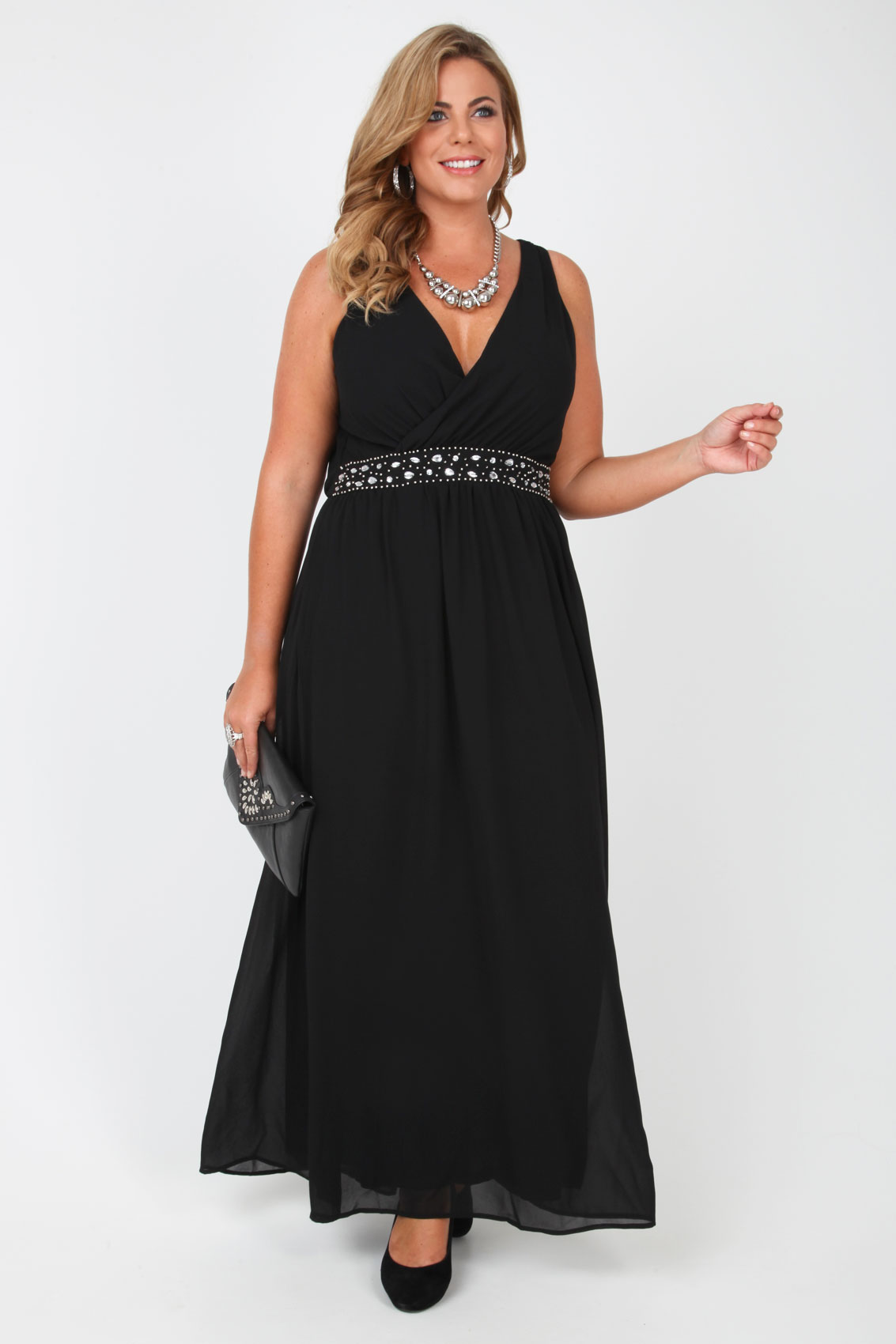 Black Chiffon Maxi Dress With Jewel Detail Waistband Plus Size 16 18 20